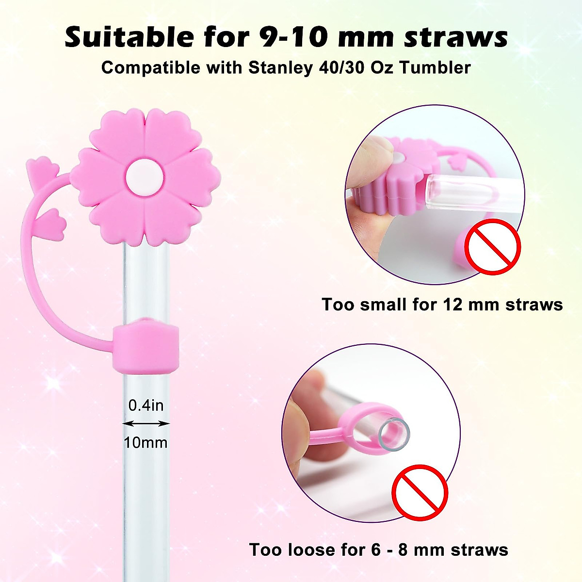 8Pcs Straw Toppers Compatible with Stanley 30 40 oz, Cute Flower Silicone Straw Covers Cap, 10mm Drinking Straw Tip Covers Fit for Stanley Cups Accessories
