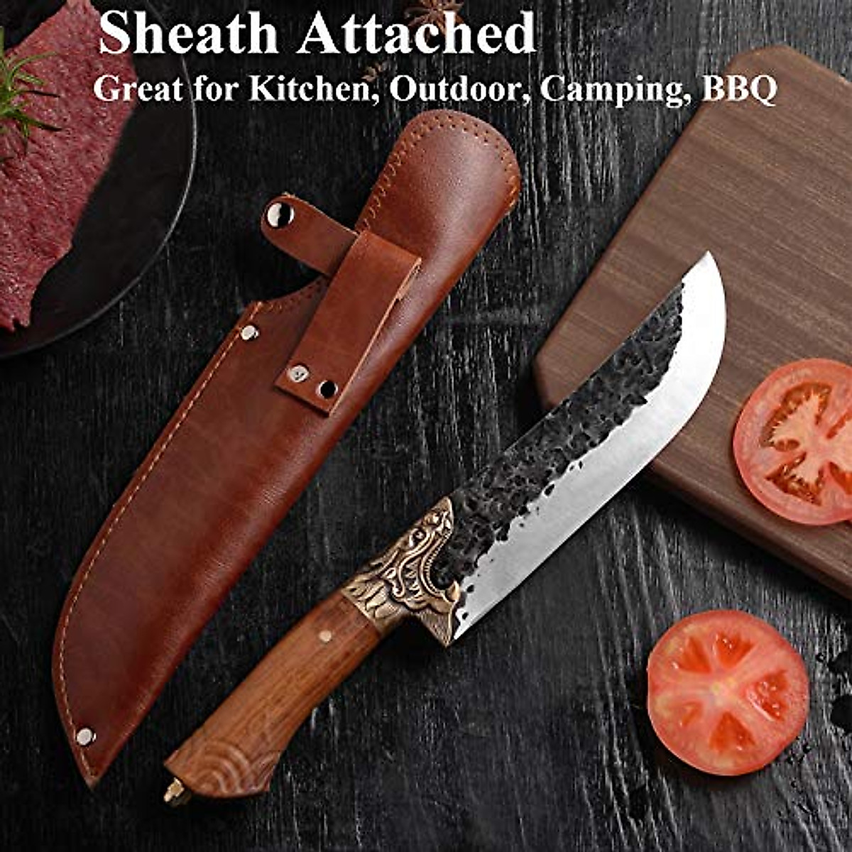 DRAGON RIOT Kitchen Chef Knife Viking Gifts for Men Viking Knives Outdoor Camping Knife with Leather Sheath Butcher Knives for Home Gift Collection BBQ
