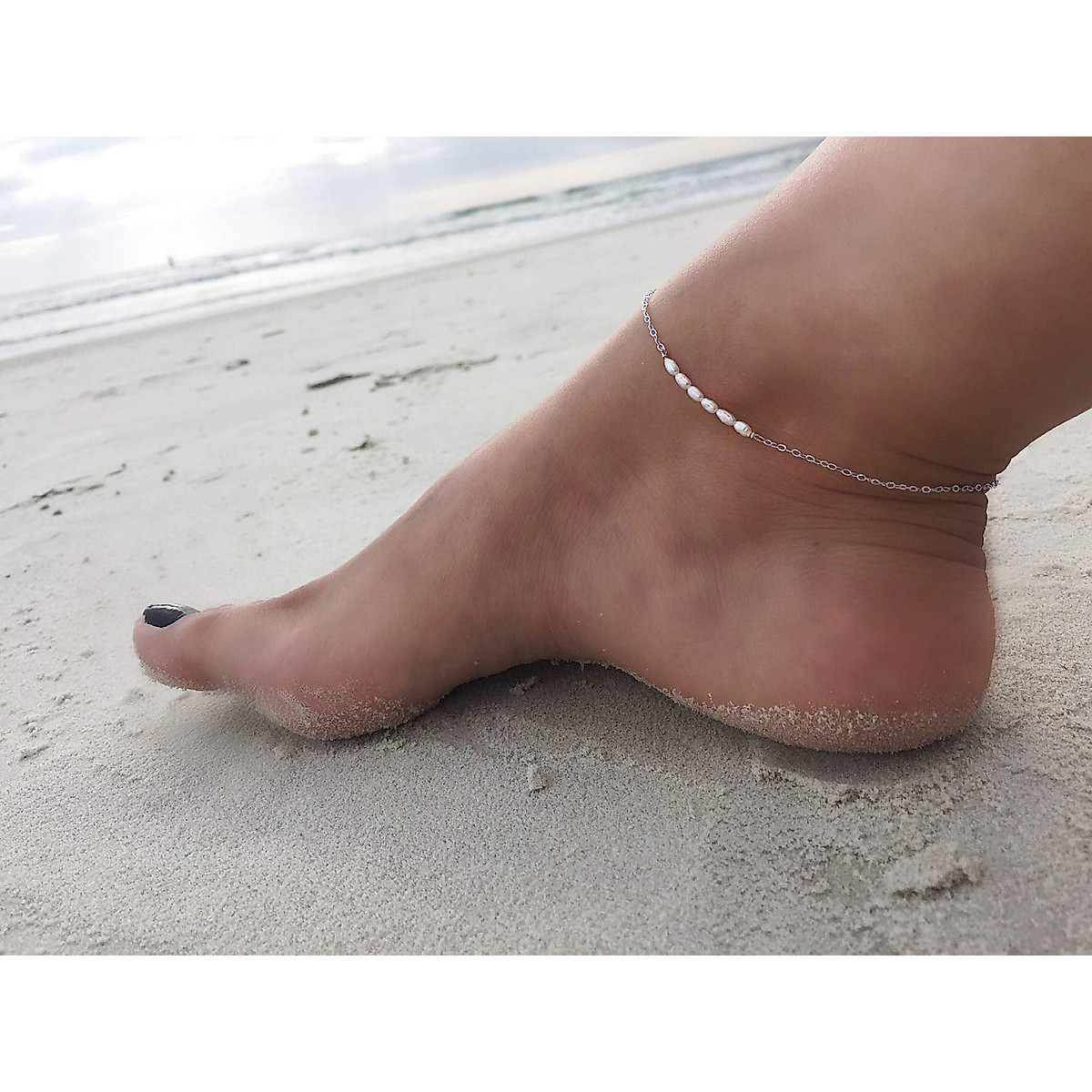 Freshwater Pearl Anklet,Sterling Silver 14K Silver Filled Boho Pearl Dainty Handmade Beaded Cute Tiny Charm Beach Ankle Bracelet Foot Chain Anklet for Women