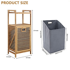Bamboo Laundry Hamper Tilt-Out Laundry Hamper Freestanding Clothes Basket W/ 2 Tier Storage Shelves & Removable Liner Wood Clothes Sorter for Bathroom(15.7"*11.8"*37.4")