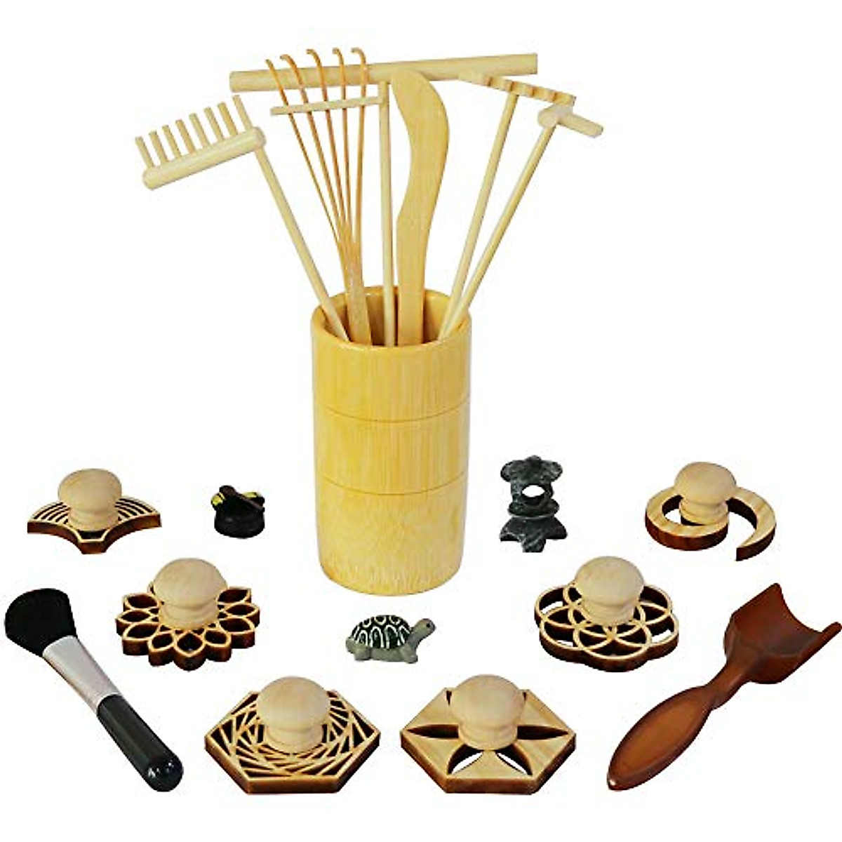 Zen Garden Rake Stamp Tools - Meditation Rock Sand Garden Accessories – Office Desktop Mini Zen Gifts for Man Women Bamboo Rakes Holder Brusher Spoon Figurines