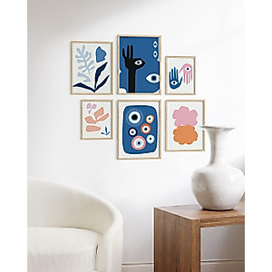 HAUS AND HUES Blue Abstract Wall Art Framed - Set of 6 Abstract Blue Art, Modern Abstract Wall Art, Framed Geometric Wall Art, Colorful Abstract Art, Unique Evil Eye Gallery Wall (Framed Beige)