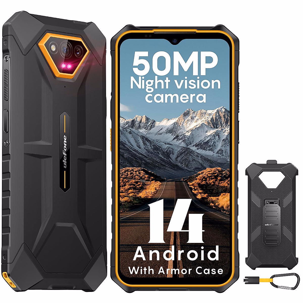 Ulefone Armor X13 (12+64GB) Unlocked Rugged Phones, 50MP Rear Camera, 24MP Night Vision Camera, Android 14 Rugged Smartphone, 6.52” Screen, 6320mAh, NFC, GPS, Package with Exclusive Armor Case- Orange