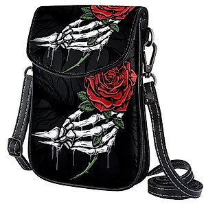 Small Crossbody Bags Skull Hand Holding a Red Rose Leather Cell Phone Purse Wallet for Women Teen Girl