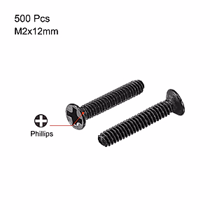 uxcell M2 x 12mm Phillips Screws Fastener Black for Laptop PC TV Fan Switch 500pcs