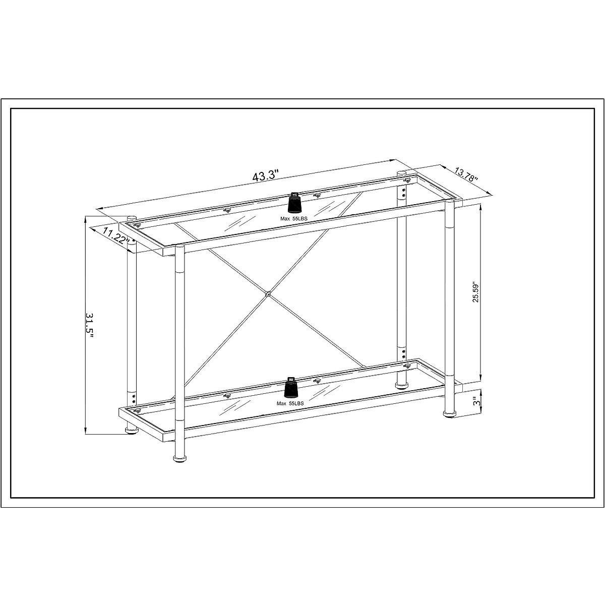 43.3 Inch Chrome Glass Console Table, 2 Tier Narrow Hallway Side Table with Acrylic & Metal Frame, Modern Minimalist End Table Sofa Table (Silver)