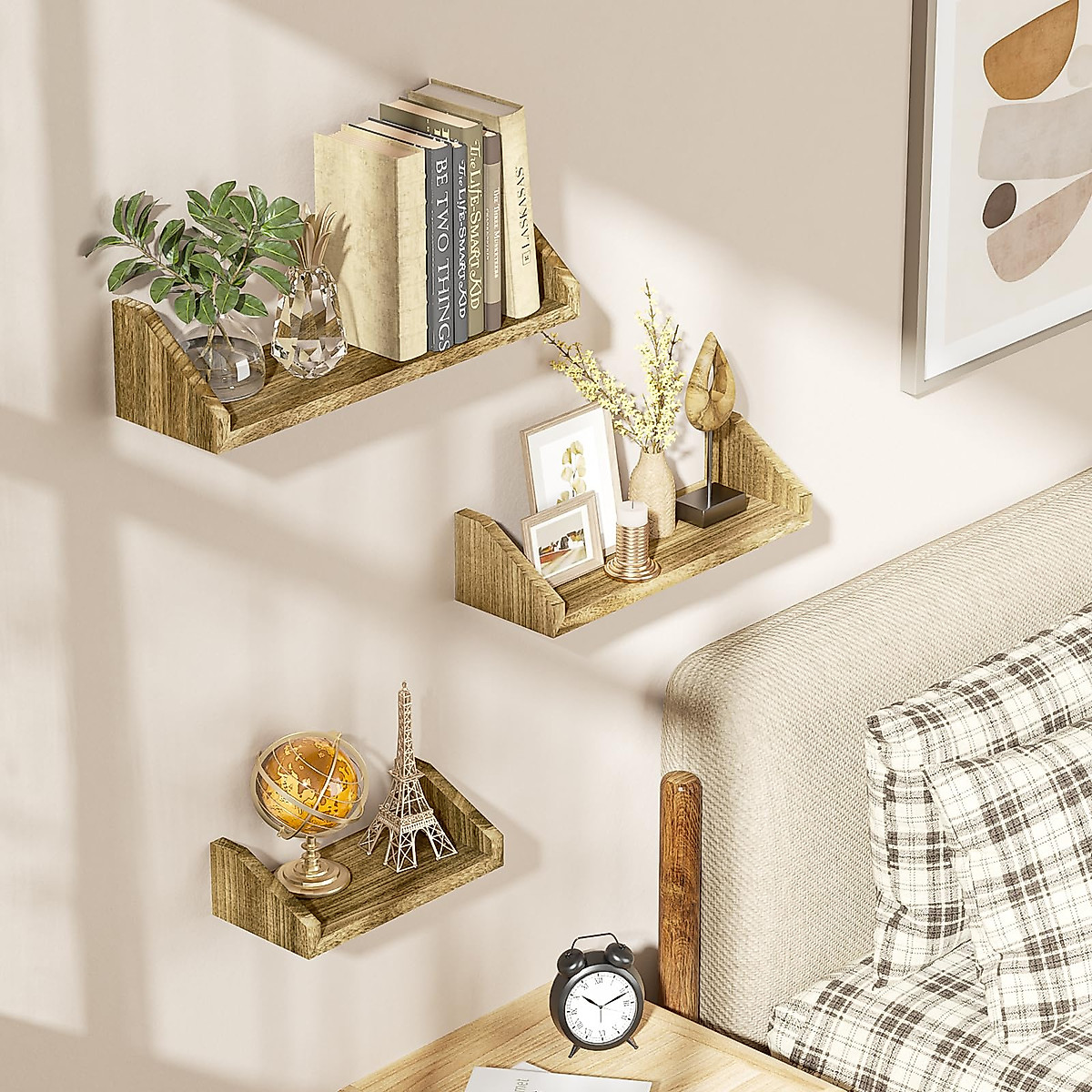 SRIWATANA Floating Shelves Wall Mounted Set of 3, Solid Wood Wall Shelf Display Ledge Storage Shelves for Living Room Kitchen Bathroom, Carbonized Black