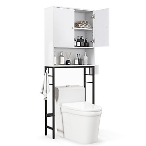 Byroce Over The Toilet Storage Cabinet, Toilet Shelf Rack Space Saver with Metal Frame, Adjustable Shelf & Open Compartment, Freestanding Over Toilet Bathroom Organizer for Toilet & Laundry Room