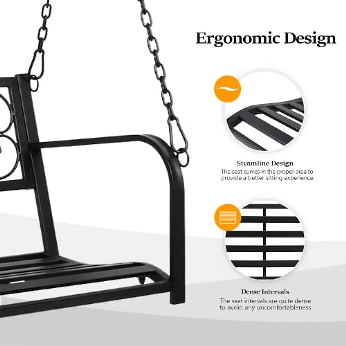 VINGLI Upgraded Metal Patio Porch Swing, 660 LBS Weight Capacity Steel Porch Swing Chair for Outdoors, Heavy Duty Swing Chair, Bench Swing for Gardens & Yards (Black)