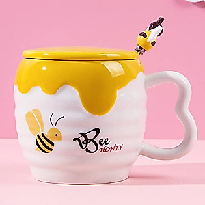 Mozacona Embossed Ceramic Honey Jar Coffee Mug with Lid and Bee Spoon