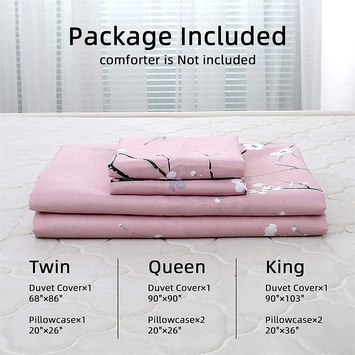 WONGS BEDDING Pink Floral Duvet Cover Set Queen, Reversible Flower Plum Blossom Printed Comforter Cover Set with 2 Pillowcases 3 Pieces Bedding Set Soft Microfiber Queen Size 90"x90"(Not Comforter)