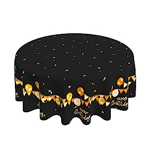 Happy Birthday Tablecloth, Black Round Tablecloth 60 Inch, Gold Stars Round Table Cloth for Birthday Party Decor, Wipeable Waterproof Polyester Fabric Table Cover for Holiday Outdoor Camping Picnic