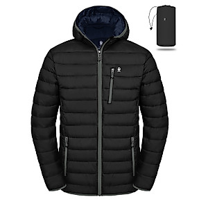 Little Donkey Andy Men's Packable Lightweight Puffer Jacket Hooded Windproof Winter Coat with Recycled Insulation Black L