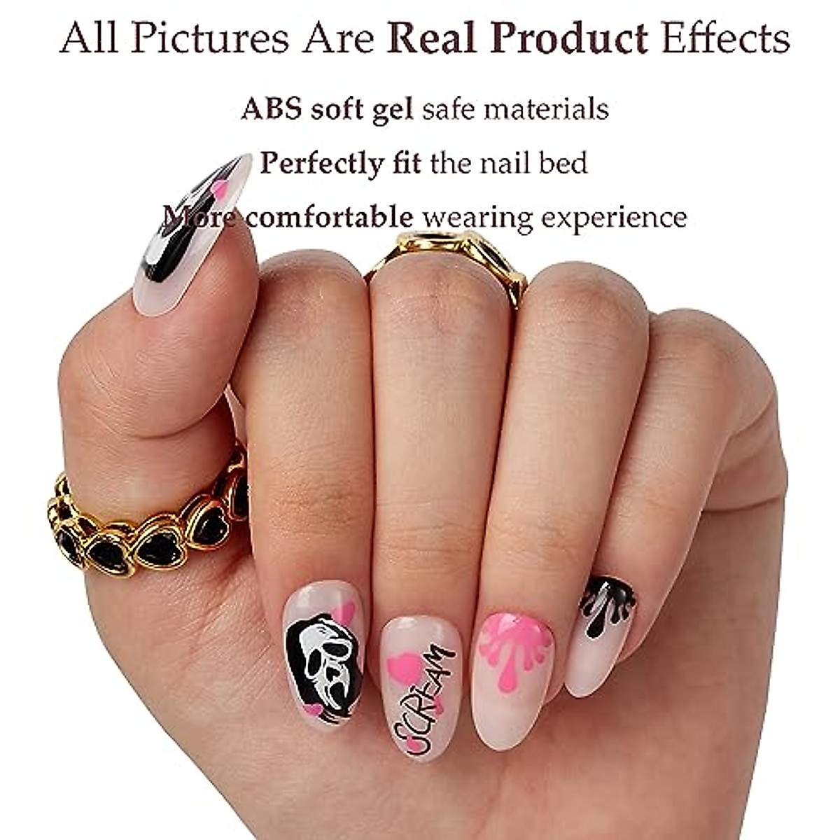 Halloween Press on Nails Short Almond Pink False Nails, Gel Acrylic Fake Nails with Glue, Salon Effect Natural Fit Reusable Glue on Nails Set 14Size 28Pcs, Halloween Design