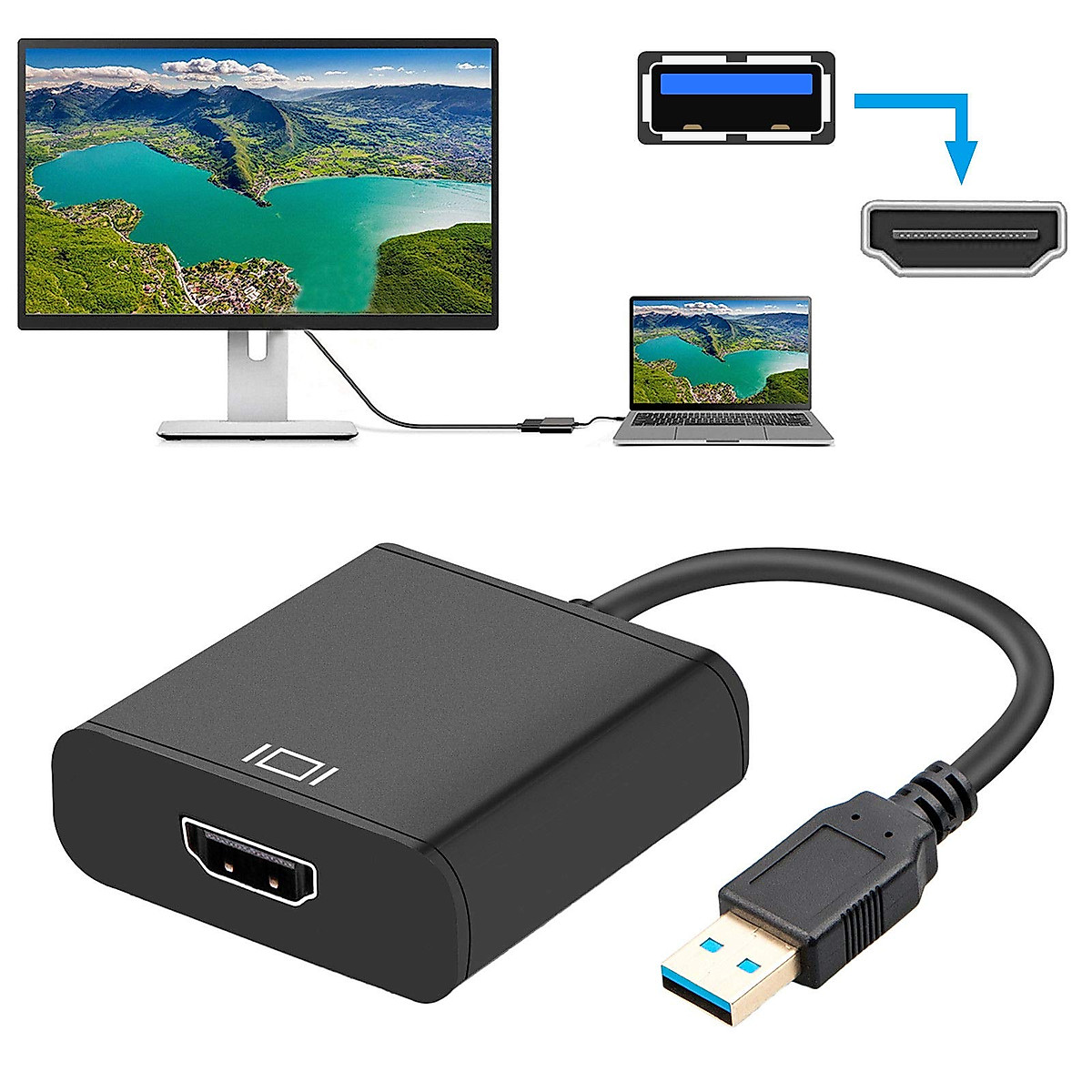 USB to HDMI Adapter Cable Compatible with Windows 10/8/7/XP,USB 3.0/2.0 to HDMI HD 1080P Multi-Display Audio Video Graphics Converter Cord for Computer,Laptop,PC,Desktop,HDTV,Monitor,Projector