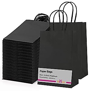 MESHA 100pcs Black Gift Bags 5.25" x 3.75" x 8", Small Size Kraft Paper Bags with Handles for Handwork, Shopping, Gift, Merchandise, Retail, Party