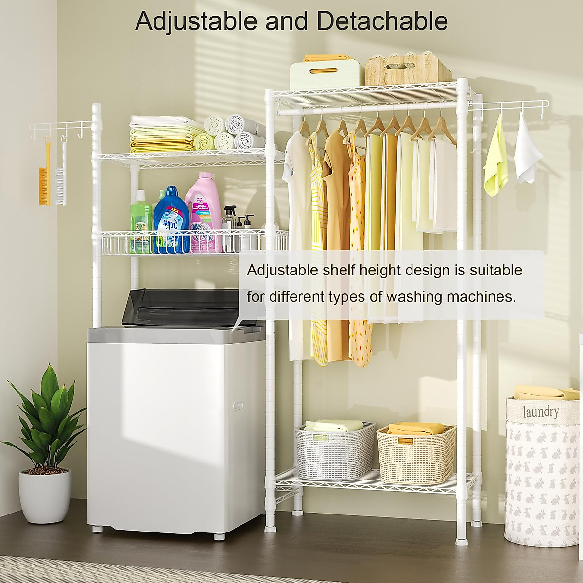 Ulif Clothes Drying Rack, Over Washer and Dryer Laundry Room Storage Shelf, Bathroom Towel Rack Space Saver with Adjustable Shelves, Wire Basket, and Rotatable Hooks, 63.4"L x 13.4"D x 76.7"H, White