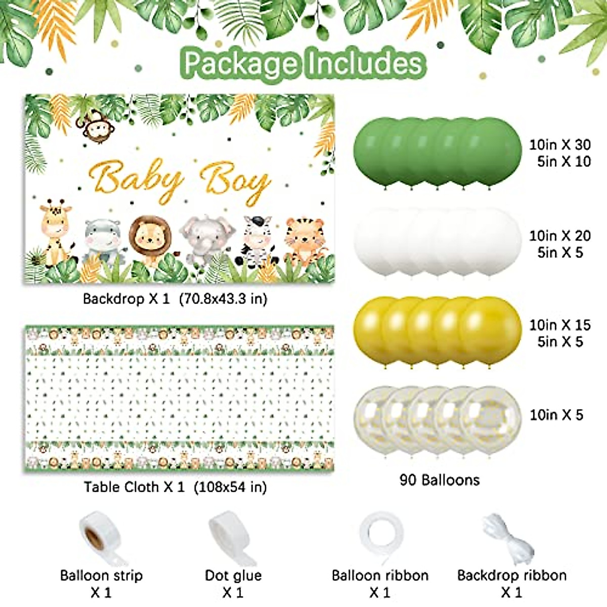 Jungle Safari Baby Shower Decorations for Boy, Animal Tablecloth Backdrop & Green White Gold Balloon Arch Set Sage Green Zoo Theme Baby Boy Party Decor Supplies