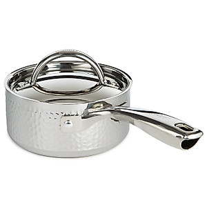 BergHOFF Vintage Tri-Ply 18/10 Stainless Steel Saucepan 5.5in 1qt. With Matching Lid, Hammered, Long and Ergonomic Shaped Handle, Induction Cooktop, Silver