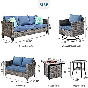 HOOOWOOO Patio Outdoor Conversation Set with Fire Pit Table,6 Piece Modern Outside Furniture with Swivel Rocking Chairs,PE Wicker Out Door Furniture Sofa Set(Denim Blue)