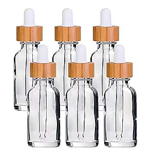 JHCFillé 1oz (30ml) Dropper Bottles, Clear Glass Boston Round Bottle with Bamboo Glass Eye Dropper, Tincture Bottles with Dropper, 6 Pack
