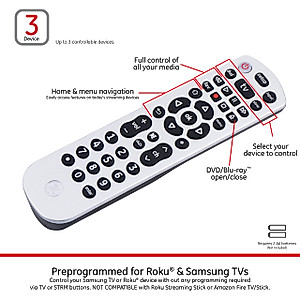 GE Universal Remote Control for Samsung, Vizio, Lg, Sony, Sharp, Roku, Apple TV, TLC, Panasonic, Smart TVs, Streaming Players, Blu-Ray, DVD, 3-Device, Silver, 34928