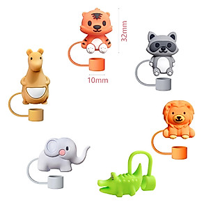 6pcs Animal Cute Silicone Straw Cover Caps for Stanley Cup Straw Topper fit 30&40 Oz Tumbler with Handle 10mm 0.4in Straw Protectors Cup Accessories