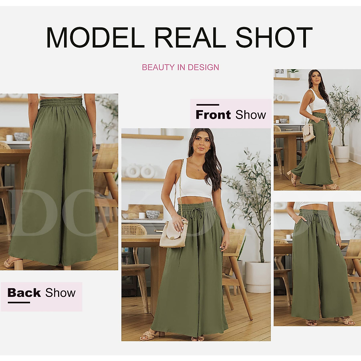 Dokotoo 2024 Stylish Women's Plus Size Wide Leg Palazzo Pants Spring Summer Lightweight Sport Elastic High Waist Yoga Pant with 2 Side Pockets for Women Green S