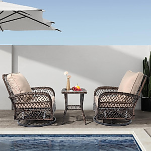 VINGLI 3 Pieces Outdoor Swivel Chairs Set of 2 and Side Table, Wicker Outdoor Rocking Chair Patio Swivel Chairs Outdoor Furniture Set for Porch Deck Backyard