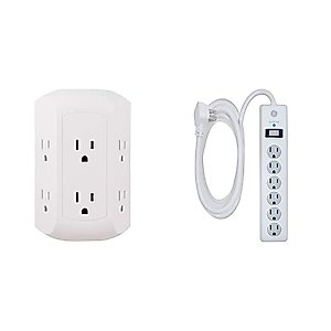 GE Pro 6 Outlet Surge Protector Adapter Spaced Tap, 3-Prong Power Strip, White & 6 Outlet Surge Protector, 10 Ft Extension Cord, Power Strip, 800 Joules, Flat Plug, White, 14092