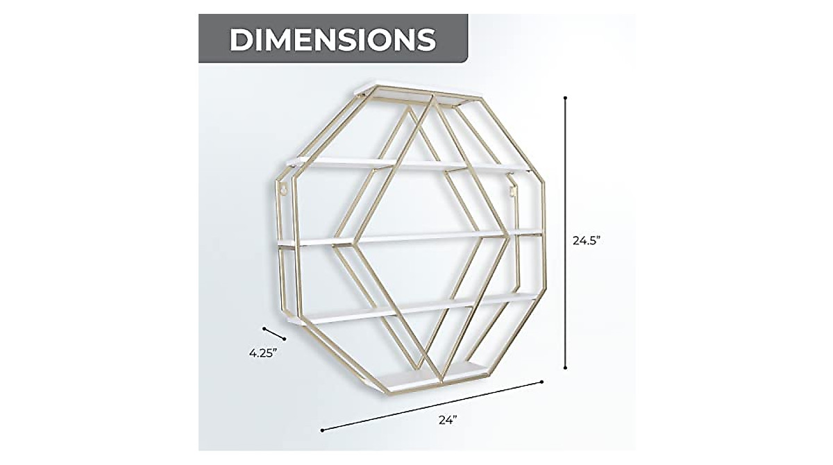 Decorative Octagonal Metal & Wood Floating Shelf in Gold & White