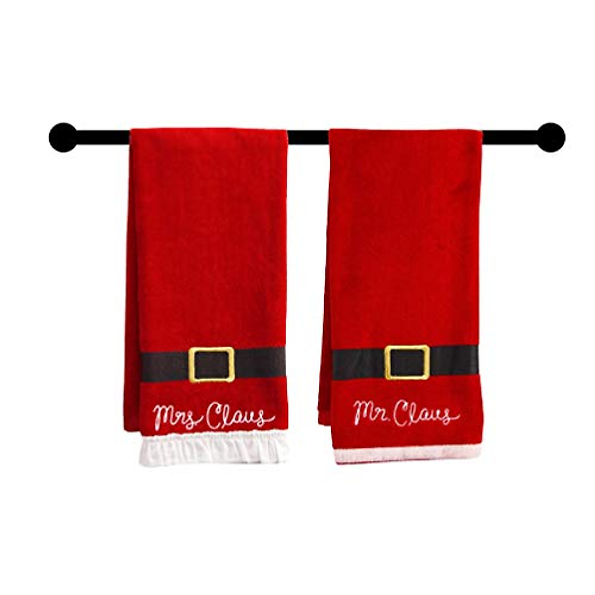 St. Nicholas Square Christmas Towels, Red Bath Hand Towel Set of 2, Mr. & Mrs. Claus with Santa Belt Decorative Design 25 x 16 Inches Bathroom Decorating for The Holidays