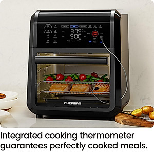 CHEFMAN ExacTemp™ 12 Quart 5-in-1 Air Fryer with Integrated Smart Cooking Thermometer, 28 Touchscreen Presets, Rotisserie, Dehydrator, Bake, XL Convection Oven with Auto Shutoff, Black