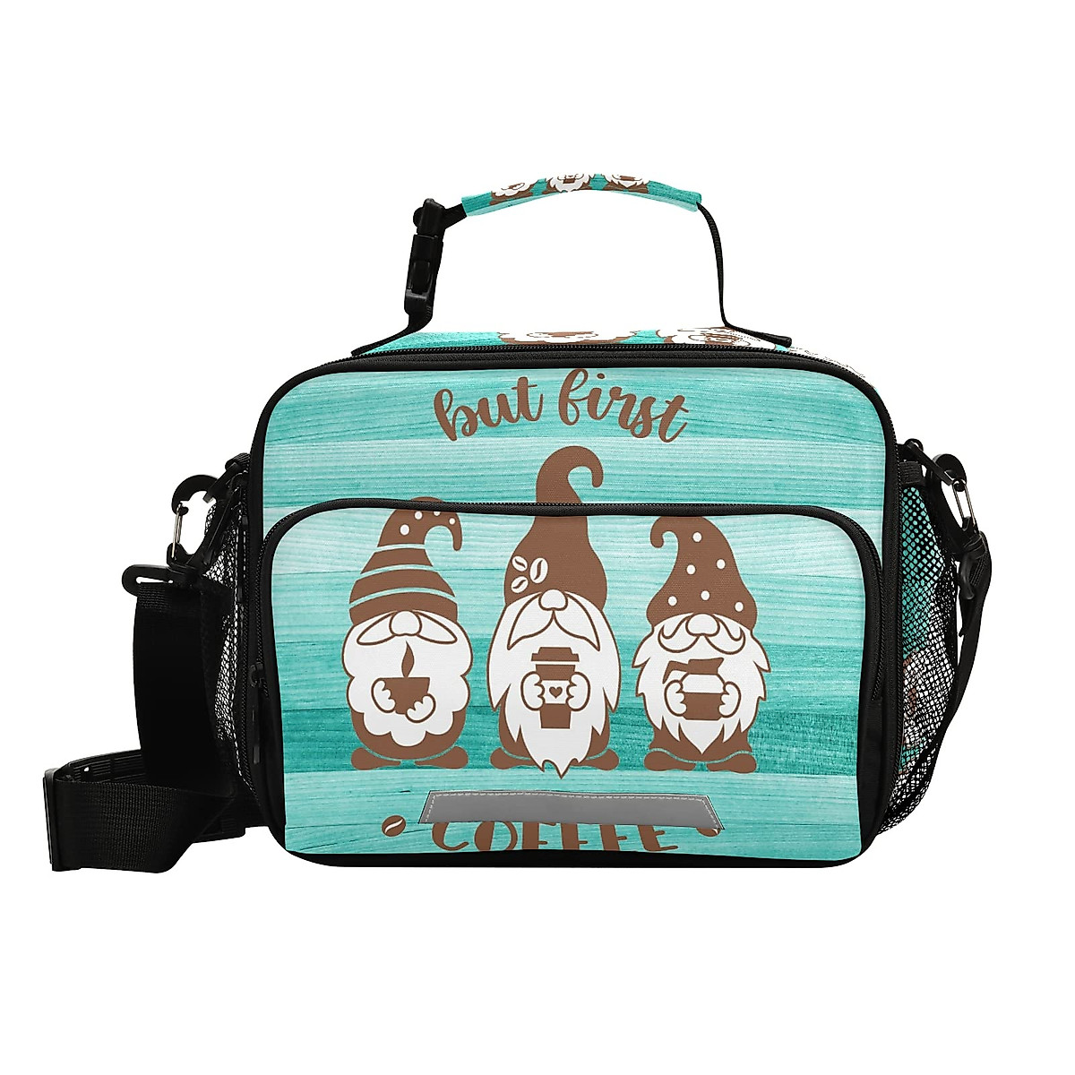Teal Turquoise Wood Coffee Gnome Lunch Bags for Women Men Green Lunch Box Insulated Thermal Cooler Bag Reusable Organizer Tote Lunch Bag with Adjustable Shoulder Strap for Work Picnic Beach Sporting