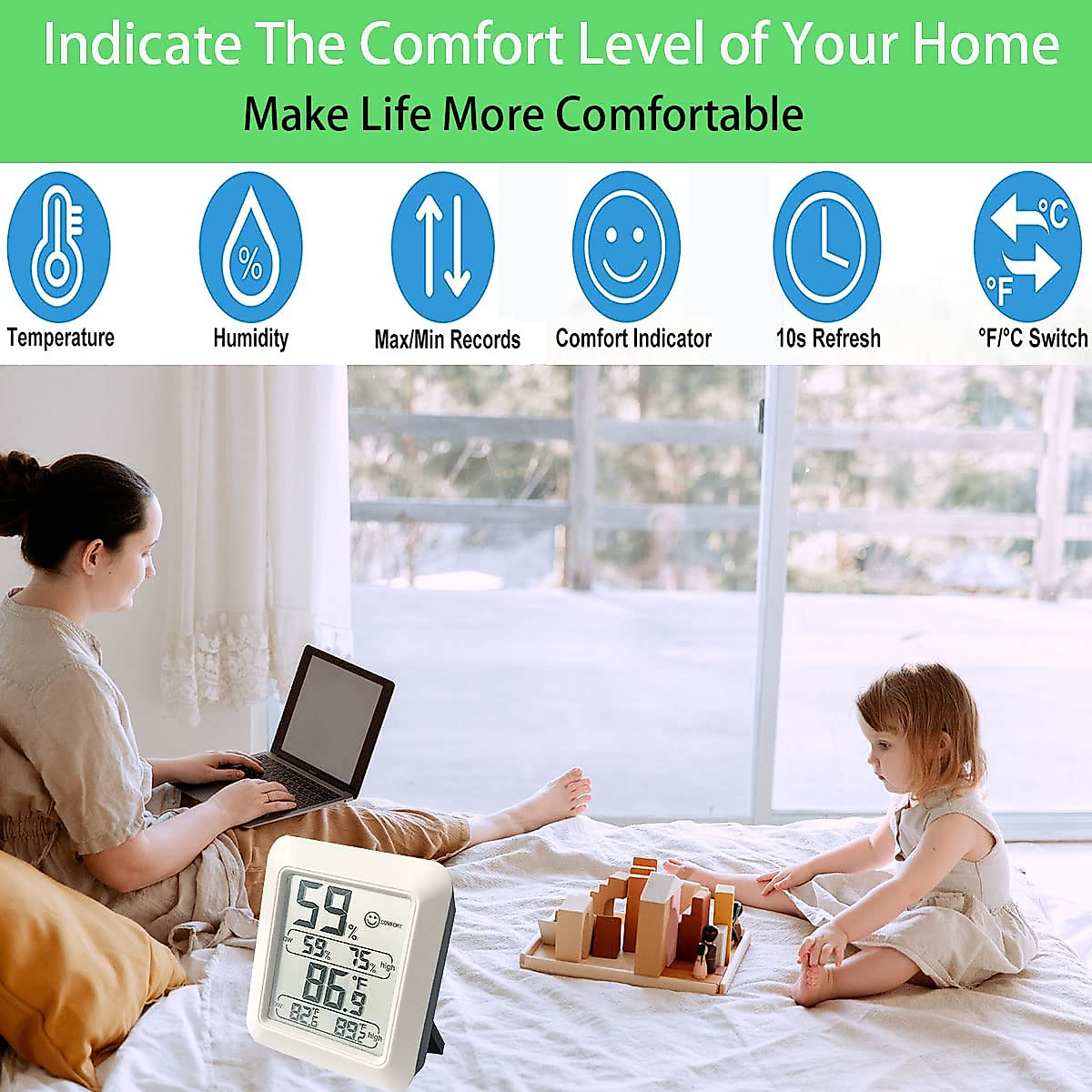 Digital Temperature and Humidity Meter Sensor Gauge Large LCD Display Indoor Room Temperature Hygrometer Monitor Air Comfort Indicator for Pet Reptile,Greenhouse,Basement,Humidor,Guitar,Office,Cellar