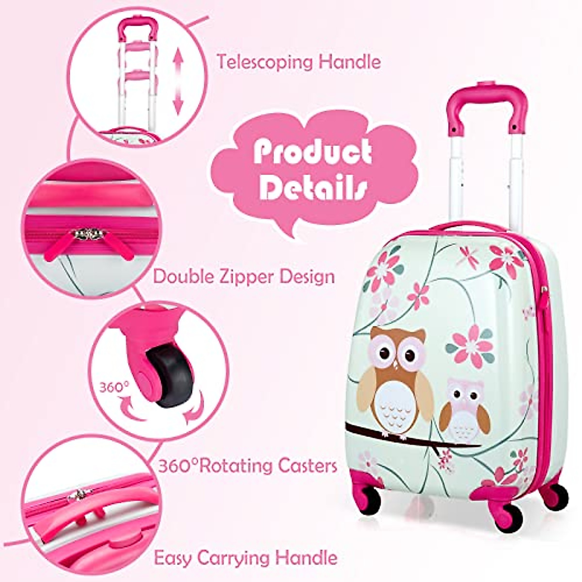 Goplus 2PC Kids Luggage, 12" & 16" Kids Carry On Luggage Set, Lightweight Spinner Suitcases for Boys and Girls (Owl)