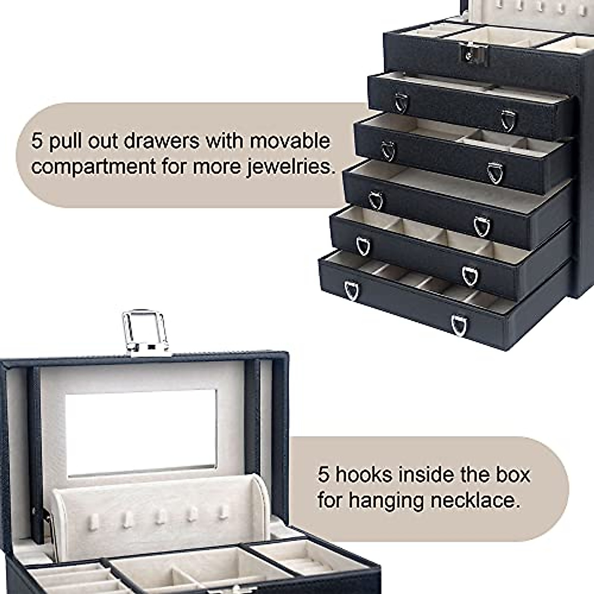 Kendal 6 Layer Large Leather Jewelry Box for Women, Lockable Jewelry Organizer Box with Mirror for Necklaces, Rings, Bracelets Jewelry, Ideal Gifts for Family Girlfriend LJC09BK