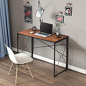 VECELO Folding Computer Desk 39.4'', Simple Laptop Table Home Office Workstation for Reading Writing, No Assembly Needed, Small Space, Brown