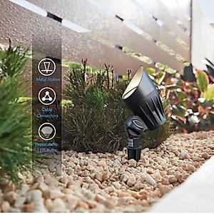 GOODSMANN Low Voltage Spotlights Landscape Lighting 5W LED 400 Lumen Outdoor Floodlights 2700K Warm White Replaceable MR16 LED Outside Hardwired Lighting with Metal Stake Cable Connector