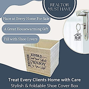 Shoe Covers Box - Welcomes Guests to Please Cover Shoes. Indoor Foldable Storage Bin to Fill w/your Favorite Booties. For Homeowner, Real Estate Agent, Realtor Open House Supplies | 1 Beige & Black