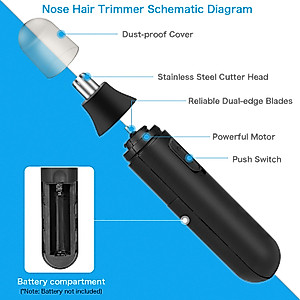 Nose and Ear Hair Trimmer, Professional Painless Nose Hair Remover for Men and Women, Battery-Operated, Waterproof Stainless Steel Head, Dual Edge Blades, Mute Motor, Cleaning Brush