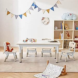CuFun Kids Table and 4 Chairs Set, Children Study Desk, Dining Table, Height Adjustable Plastic Desk Painting Desktop Toddler Furniture for Boys and Girls