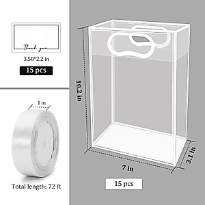 15Pack Clear Plastic Gift Bags with Handle,Reusable PP Gift Wrap Tote Bags with Ribbon for Wedding Bridal Birthday Party Baby Shower Goodies Graduation Shopping Business, 7x10x3.15 Inch (White)