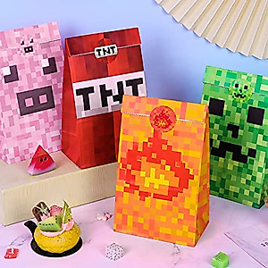 durony 28 Pieces Pixel Treat Bags Kraft Paper Bags Party Gift Bags Goodie Candy Bags with Stickers for Birthday Party Decorations, 9.4 x 5.1 x 3.1 Inches