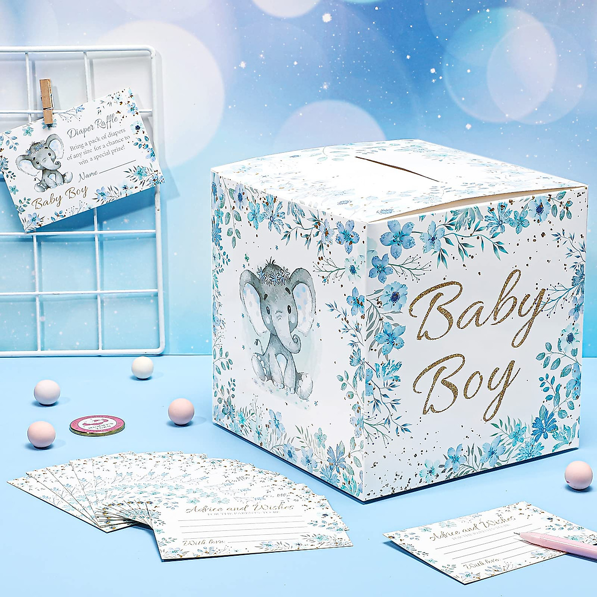 50 Pcs Elephant Diaper Raffle Tickets with Baby Shower Holder Box Baby Party Decorations Diaper Raffle Box Baby Shower Card Elephant Game Insert Card for Baby Boy Party Diaper Raffle Game Baby Shower