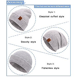 jaxmonoy Wool Cashmere Slouchy Knit Beanies Winter Hats for Women Men Soft Warm Double Layer Reversible Slouch Cuffed Skull Beanie Cap - Light Grey