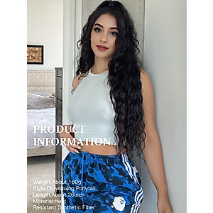 Rosooi 26 Inch Long Black Drawstring Ponytail Extension for Women Synthetic Long Curly Wavy Clip in Ponytail Hair Extensions for Daily Party Use (26 Inch, Black)