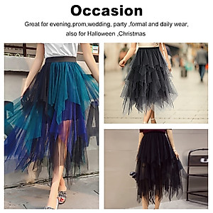 Women's Tulle Skirt A-Line High Low Asymmetrical 3 Layered Midi Length Elastic Waist Tutu Skirts (Black Green)