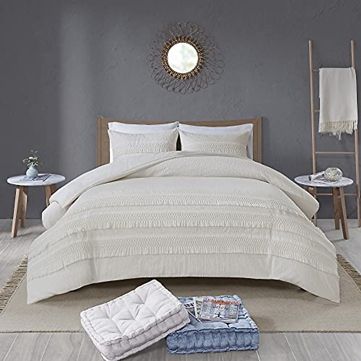 Madison Park Amaya 100% Cotton Duvet Set - Seersucker Design with Tassel Trims Accent, Breathable Cover for Comforter, All Season Bedding with Matching Sham, Full/Queen(90"x90") Ivory 3 Piece