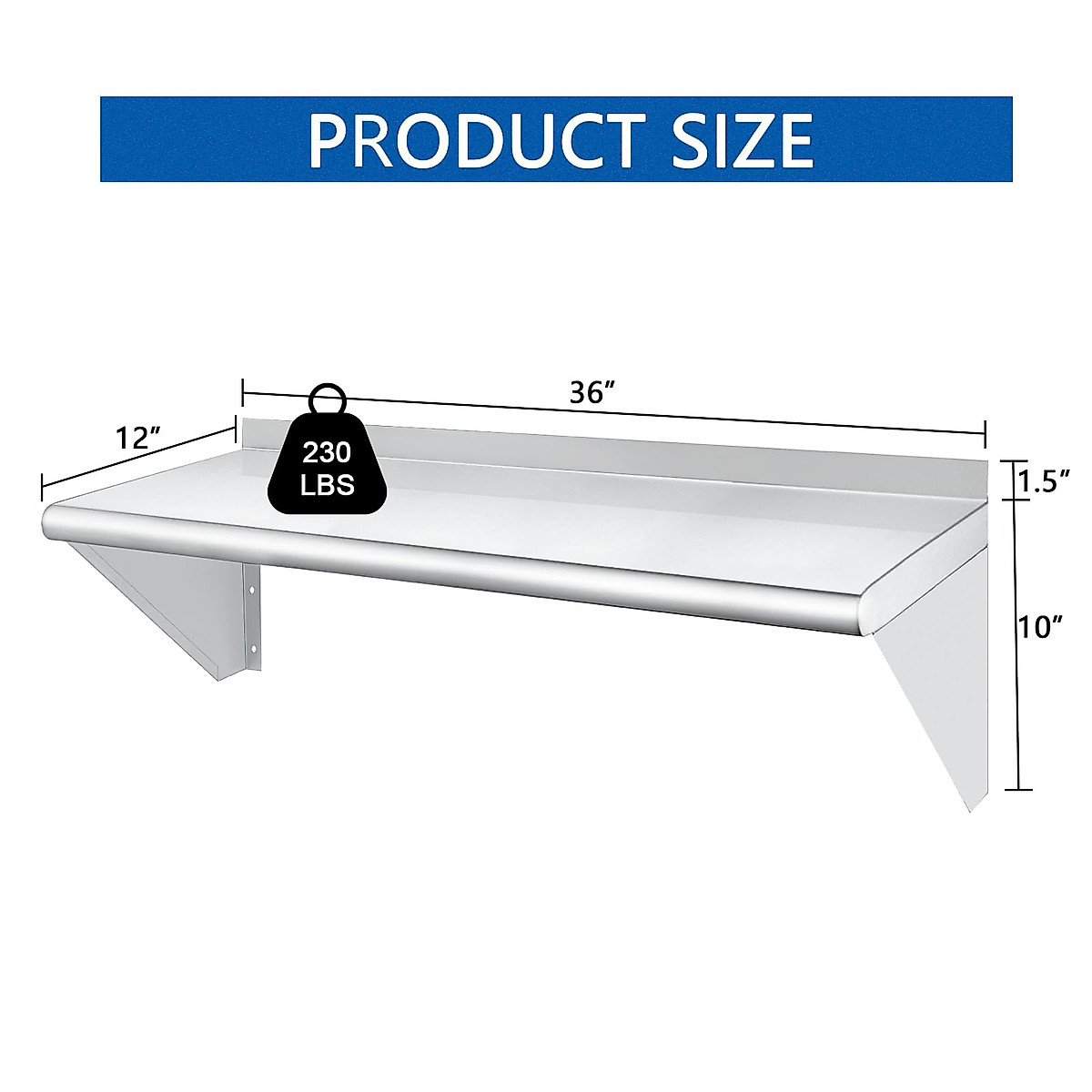 HARDURA Stainless Steel Shelf 12" x 36", 230lb Commercial Shelves Wall Mount Metal Shelving with Backsplash and Brackets for Kitchen, Restaurant, Laundry Room and Home